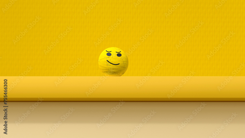 3D render of smiley face sphere standing against yellow background ...