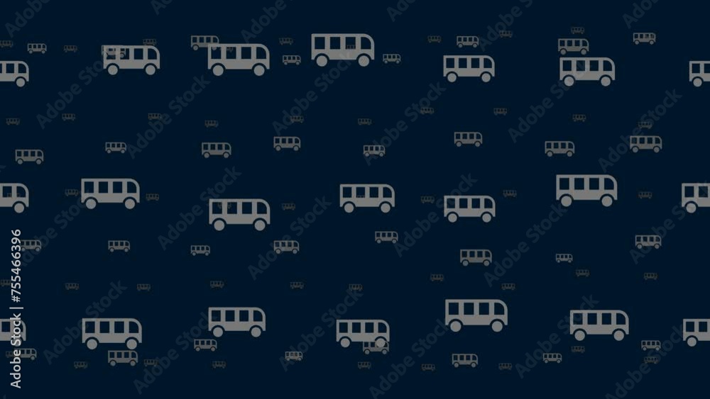 Bus symbols float horizontally from left to right. Parallax fly effect ...