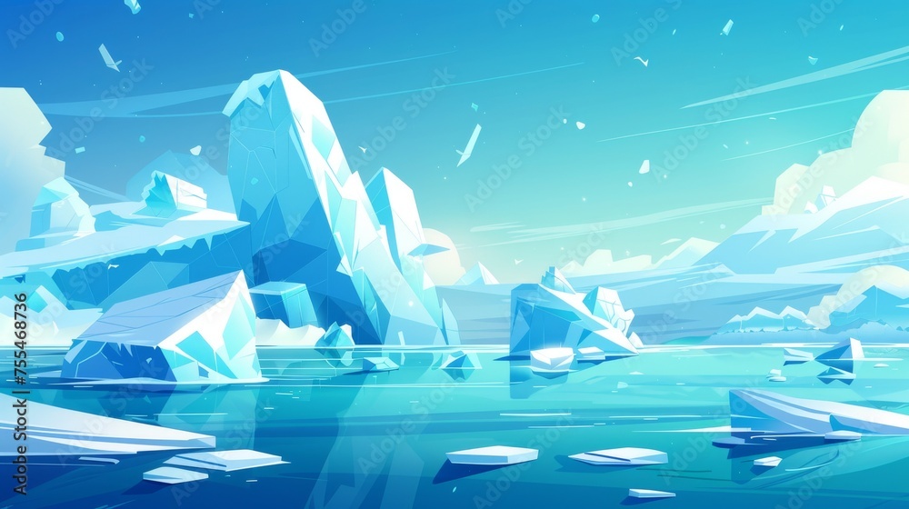 The arctic landscape with icebergs floating in the oceans and seas ...