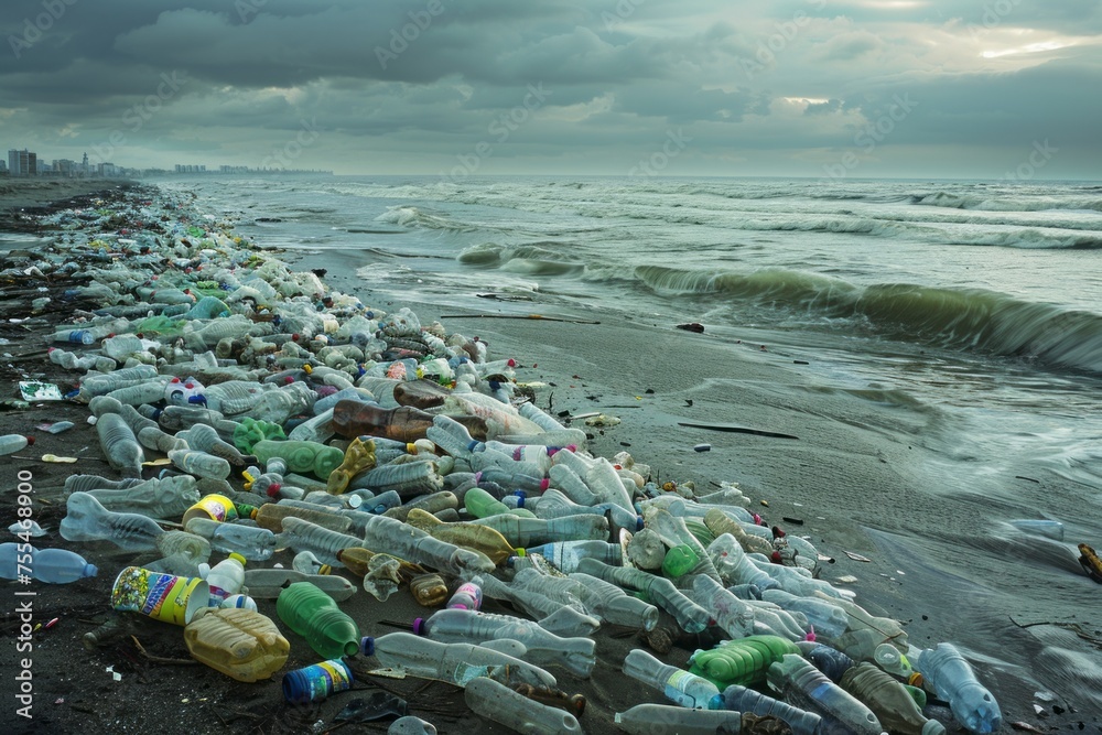 A polluted beach covered with discarded plastic bottles and debris ...