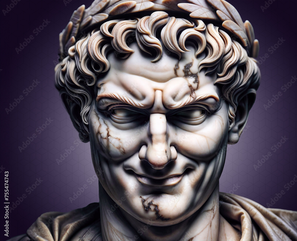 Marble statue of a roman emperor with malicious traits and a ...