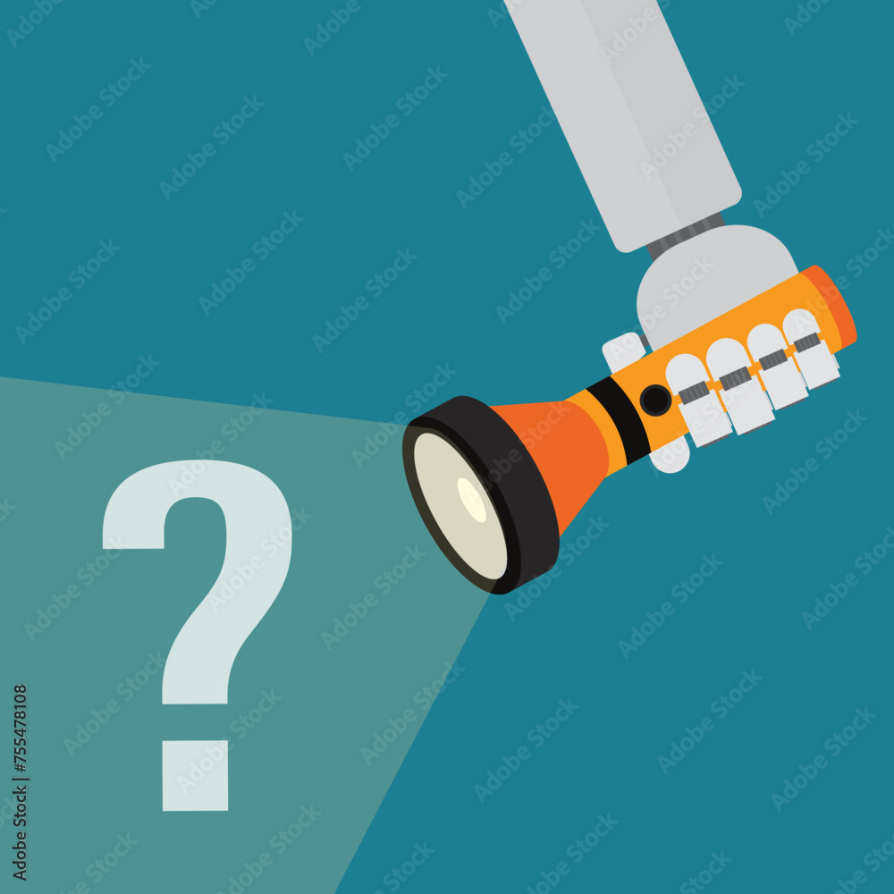 Flashlight in robot hand. Electric torch illuminates question mark. FAQ ... Flashlight in robot hand. Electric torch illuminates question mark. FAQ ...