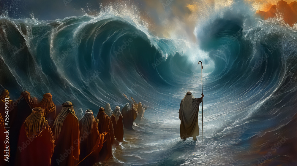 Jewish exodus biblical story cartoon illustration - Moses parting the ...