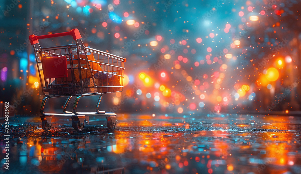 Empty shopping cart on a wet surface with colorful bokeh lights in the ...