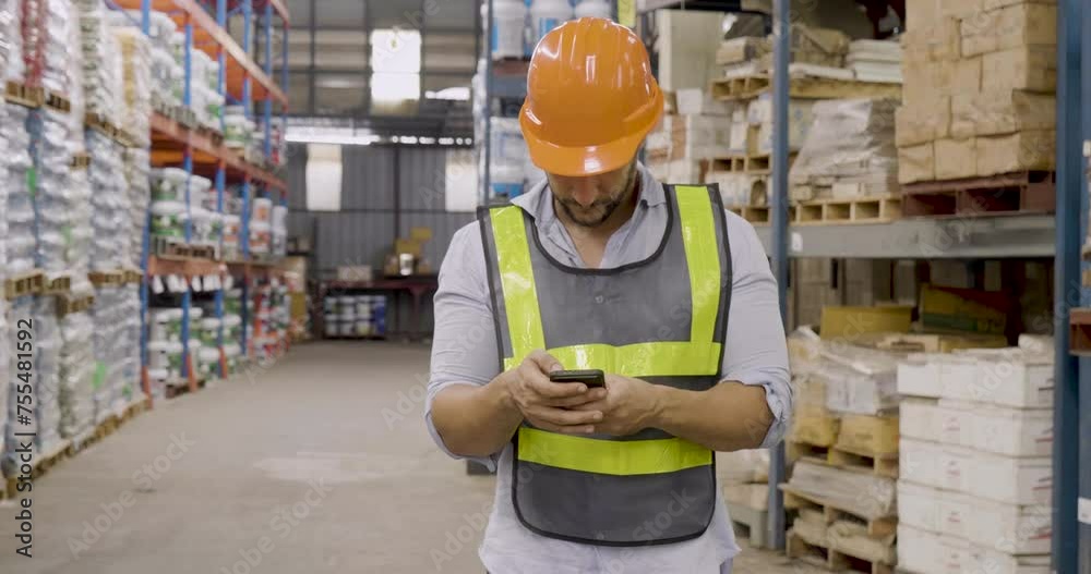 Hispanic men hands using typing laptop computer Warehouse management ...