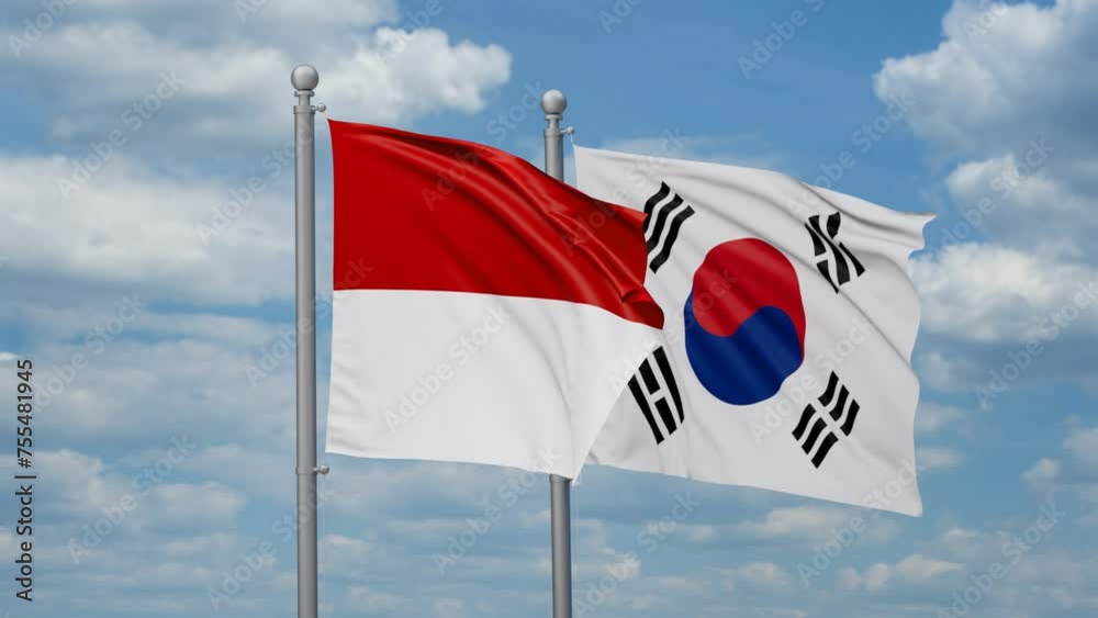 South Korea or Republic of Korea or ROK and Indonesia two flags waving ...