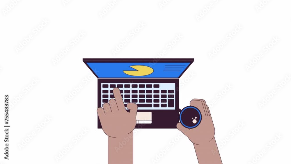 Businessperson with coffee at laptop line 2D character hands animation ...