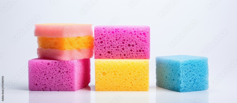 A collection of vibrant sponges used for dishwashing stacked neatly on ...