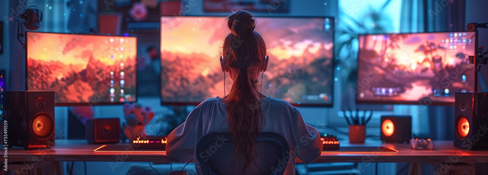 Rear view of a person at a high-tech gaming setup with multiple ...