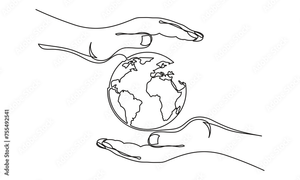 Continuous Line Drawing Of Hand Holding Earth Save World Environment