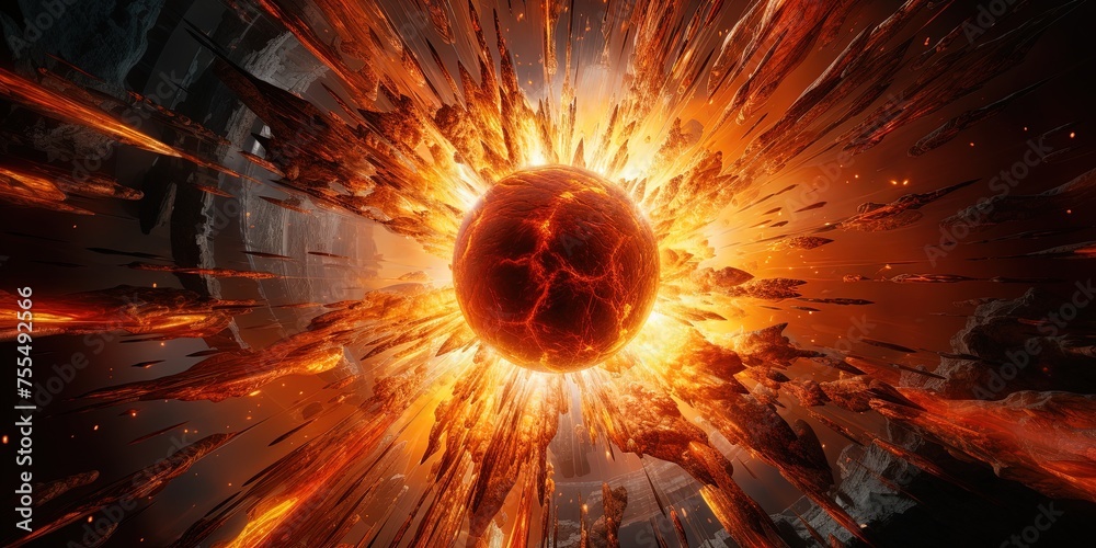 Intense abstract representation of an explosive burst centered around a ...