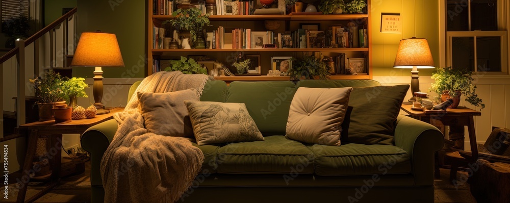 This cozy den is full of comfort and style, from the inviting green ...