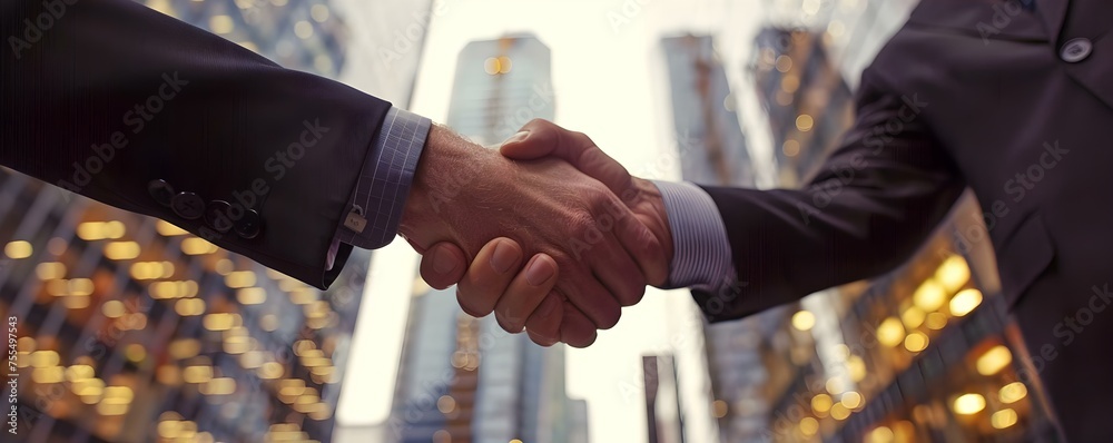 Executives sealing a deal in front of blurred business center. Concept ...