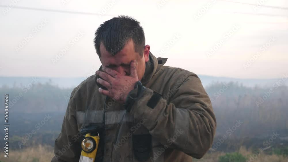 Male tired firefighter wiping away the water on his face after hard ...