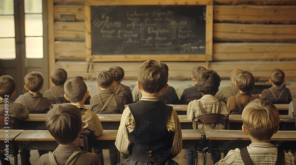 vintage photo of a class in a rural school, children are sitting at ...