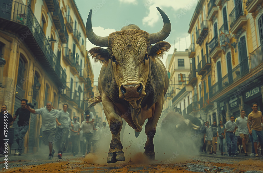Charging bull in a crowded street during a traditional bull run event ...