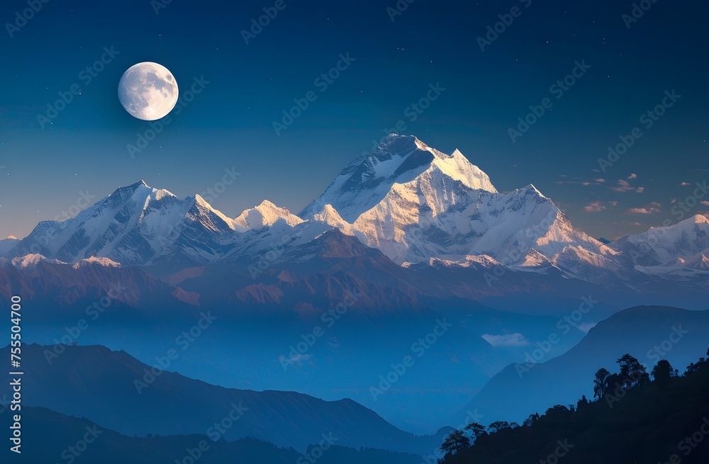 Moonlit Majesty: Full Moon Illuminates Snow-Capped Himalayas, with ...