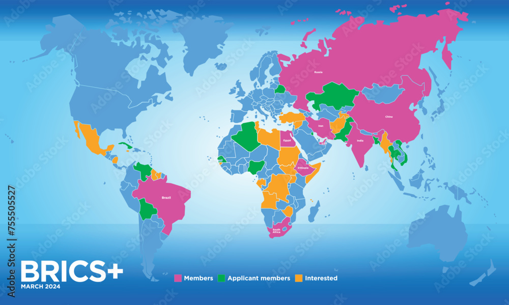 BRICS countries map in the march 2024 with new members, international ...