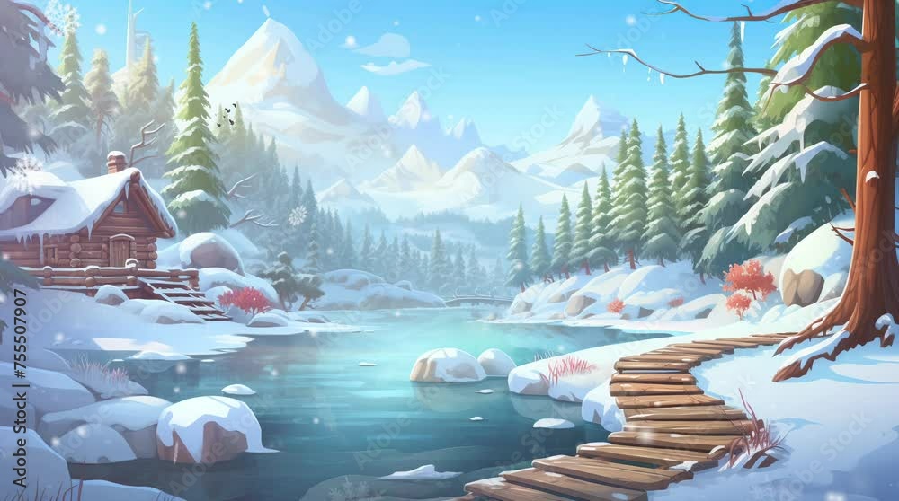 Riverside Gateway: House by the River with Pathway Leading to Pine ...