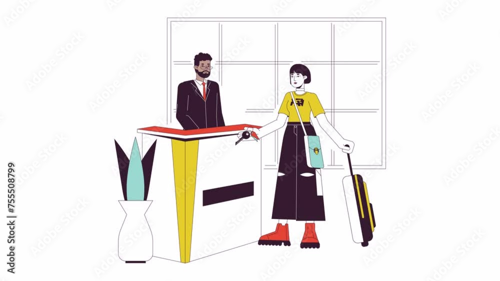 Vidéo Stock Hotel lobby check in line cartoon animation. Hospitality ...