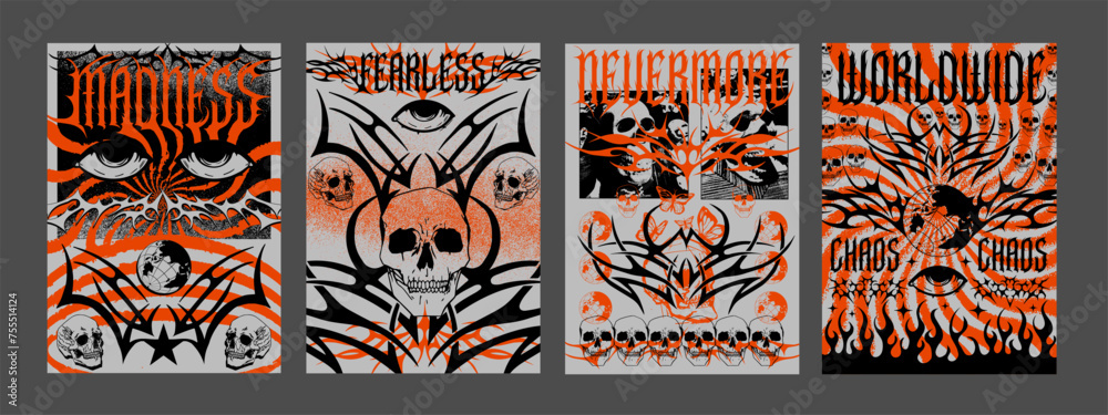 Set Of Y2K Horror Cyber Sigilism Streetwear Print Design. Collection Of ...