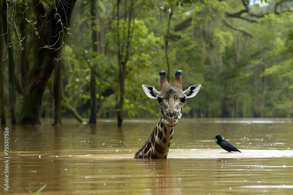 giraffe stands in the water, small bird is perched on top of its horns ...