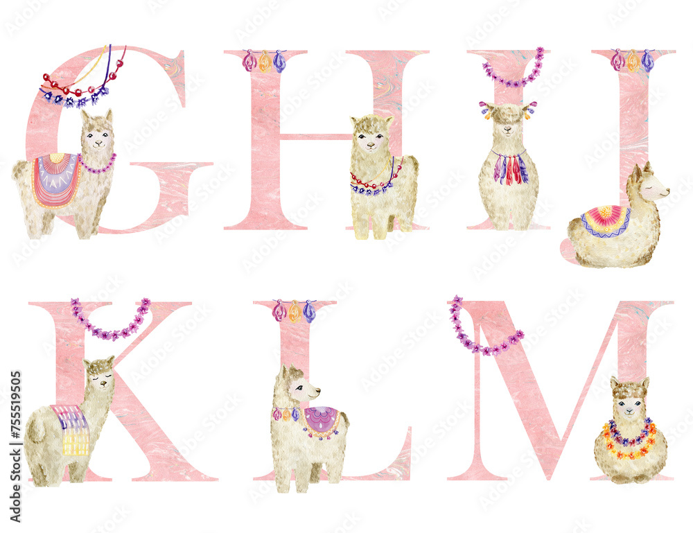 Watercolor letters with llamas for invitation card, nursery poster and ...