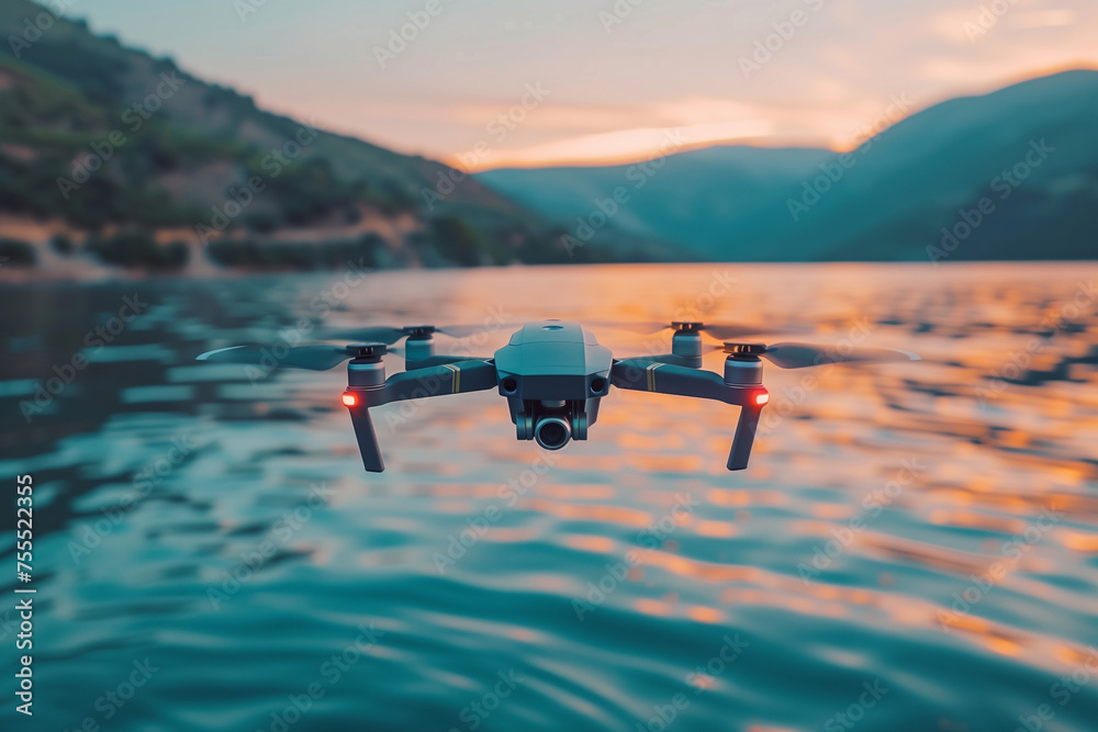 Drone with camera flying over sea shooting landscape. Unmanned aerial ...