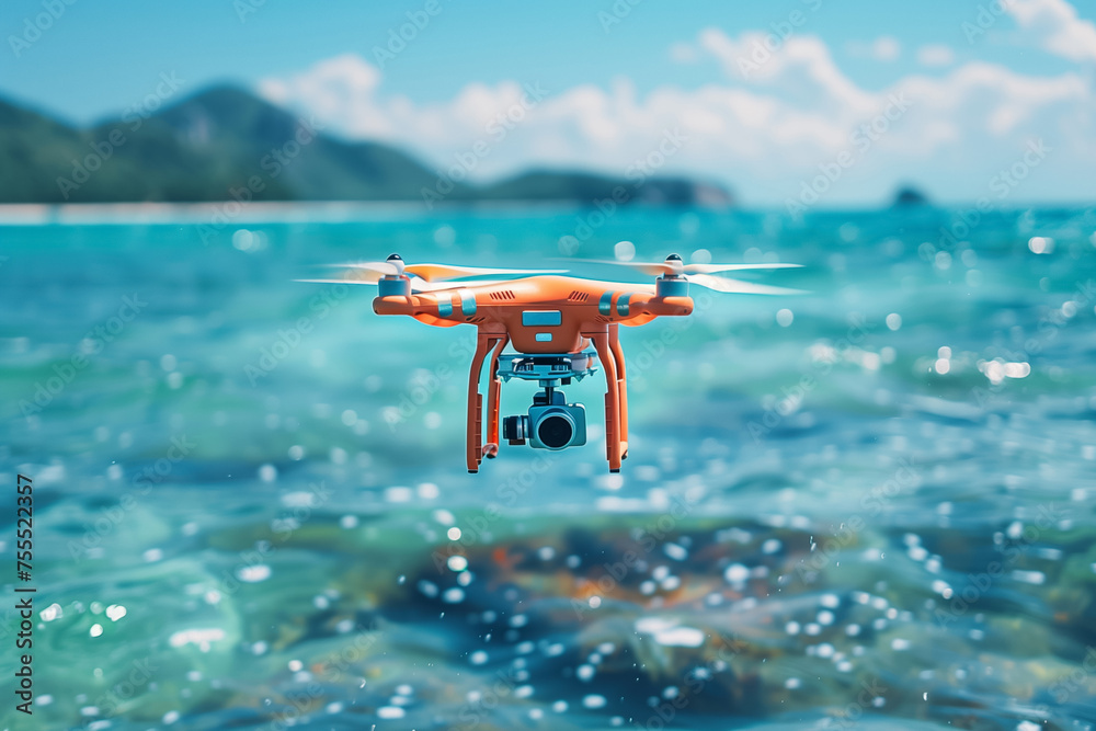 Drone with camera flying over azure water shooting resort landscapes ...