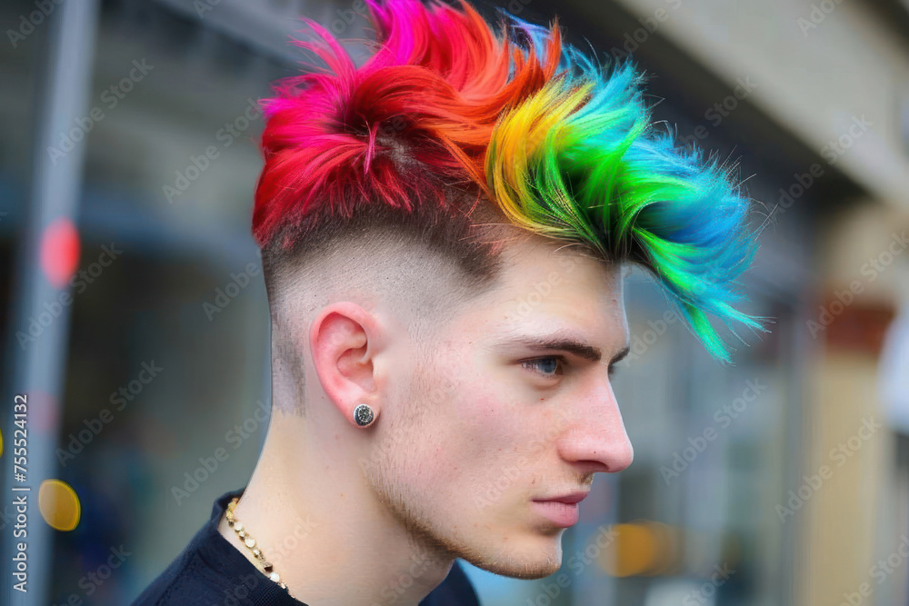 Profile of a young man with a spiky mohawk dyed in bright rainbow ...