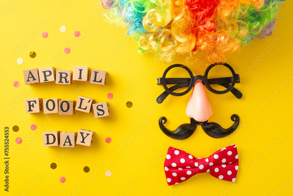 Top-down photo of "April Fool's Day" in block letters, with a clown's ...