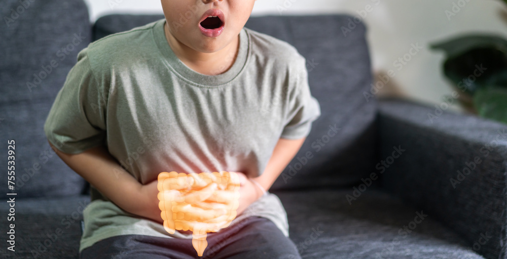 Portrait of sick unhappy little child asian boy touching belly stomach ...