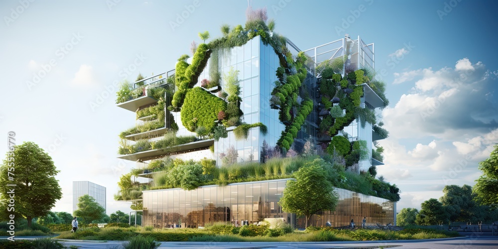 Sustainable green building in modern city. Green architecture. Eco ...