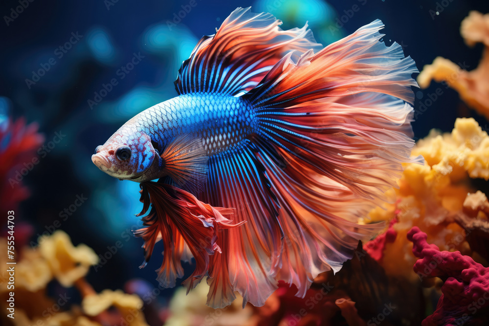 Vibrant betta fish swimming gracefully in a beautifully decorated fish ...