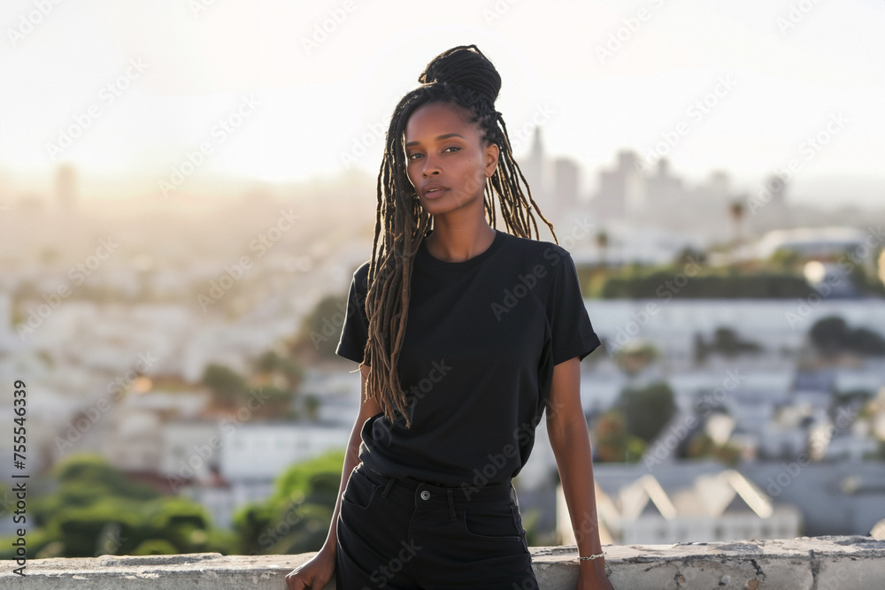 African American female model with dreadlocks - black t-shirt mockup ...