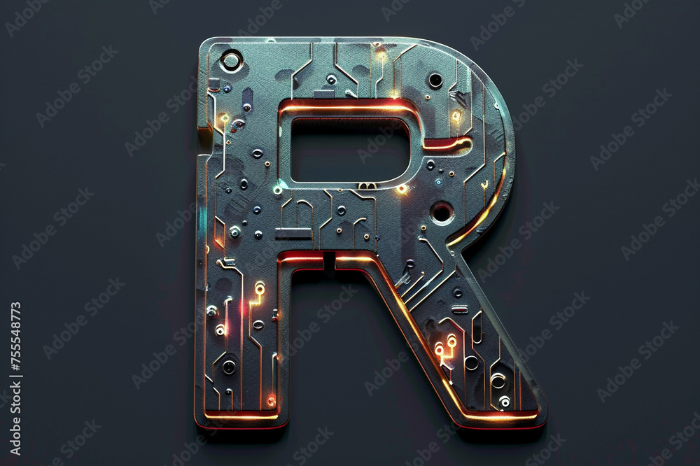 Futuristic circuit board typography, alphabet letter R with metal ...