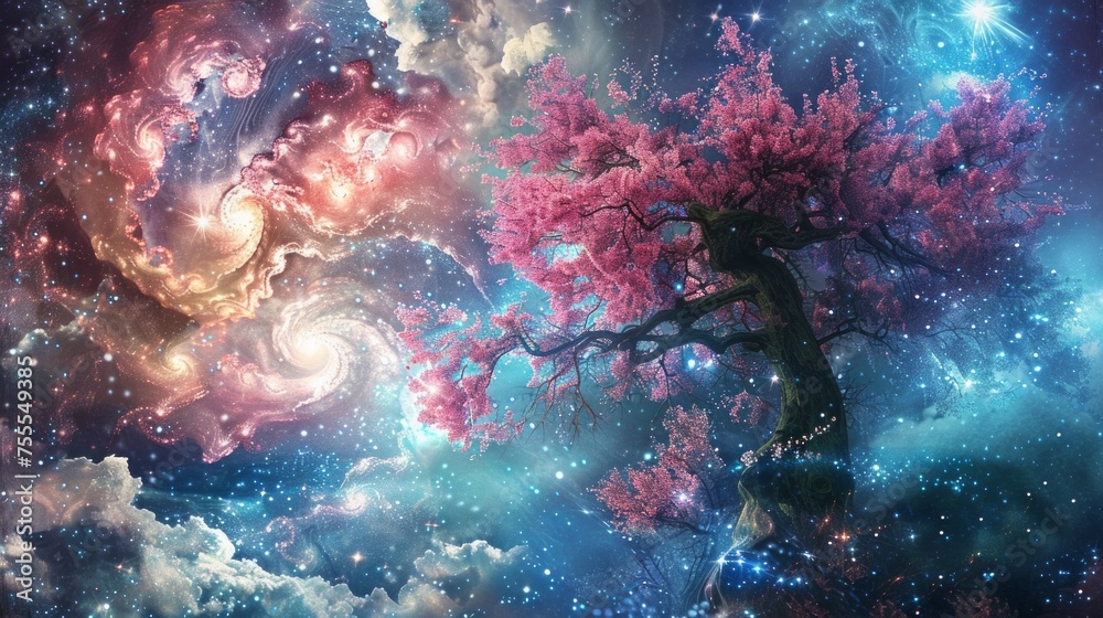 Digital art piece showing a surreal blend of cherry blossom trees and ...