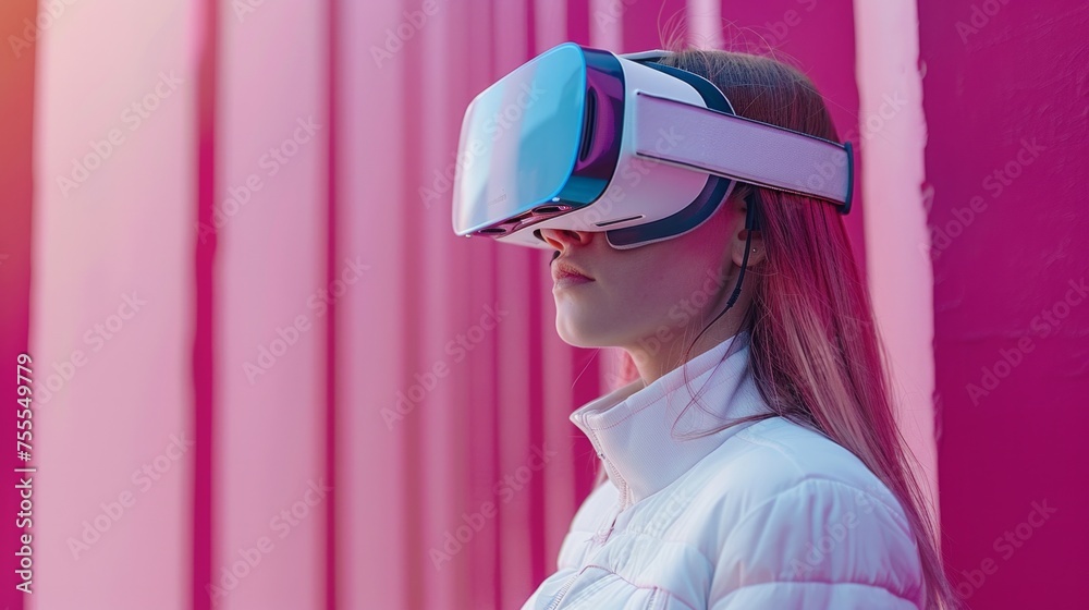 Figure wearing advanced VR headset, stepping into a vibrant virtual ...