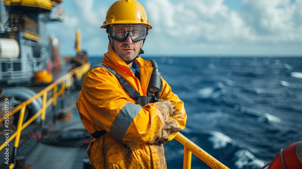 Seaman AB or Bosun on the deck of a vessel, fully equipped in PPE ...