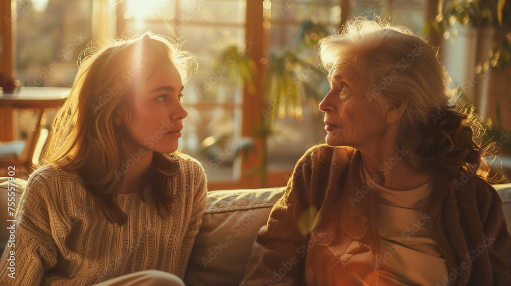 Grandma and granddaughter have an emotional conversation on the sofa in ...
