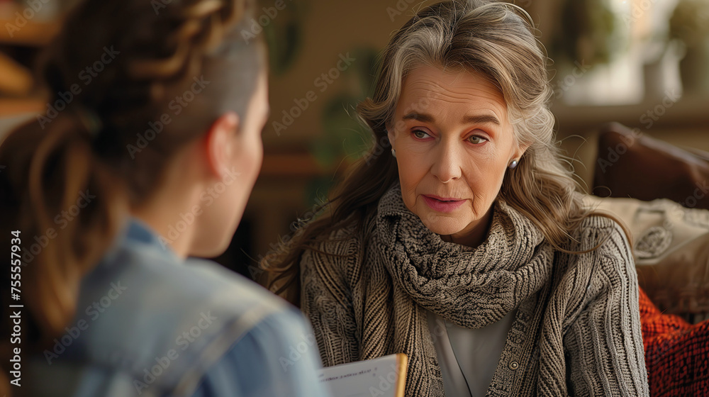 Grandma and granddaughter have an emotional conversation on the sofa in ...