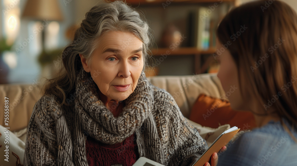Grandma and granddaughter have an emotional conversation on the sofa in ...