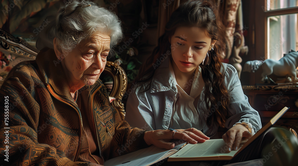 Grandma and granddaughter have an emotional conversation on the sofa in ...