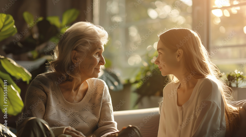 Grandma and granddaughter have an emotional conversation on the sofa in ...