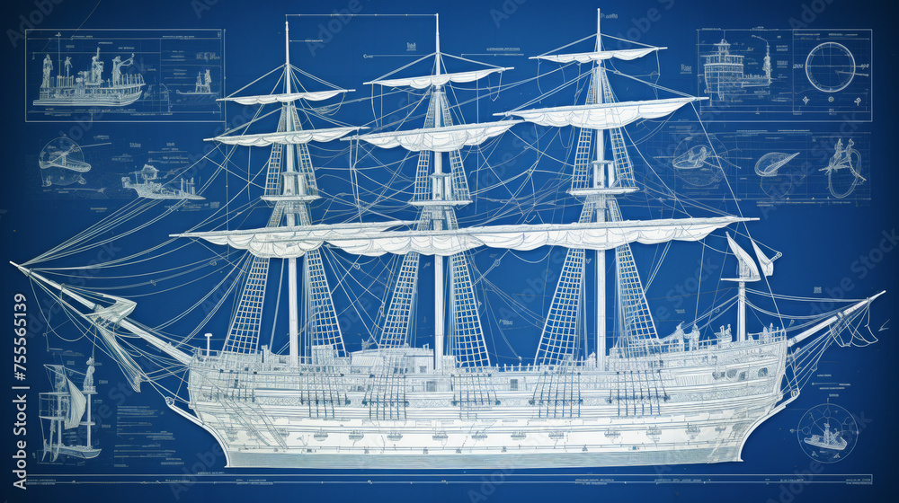 Photo Illustration of a technical drawing of an old boat galleon style ...