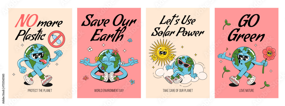 Set of motivation retro groovy posters or greeting cards templates with ...