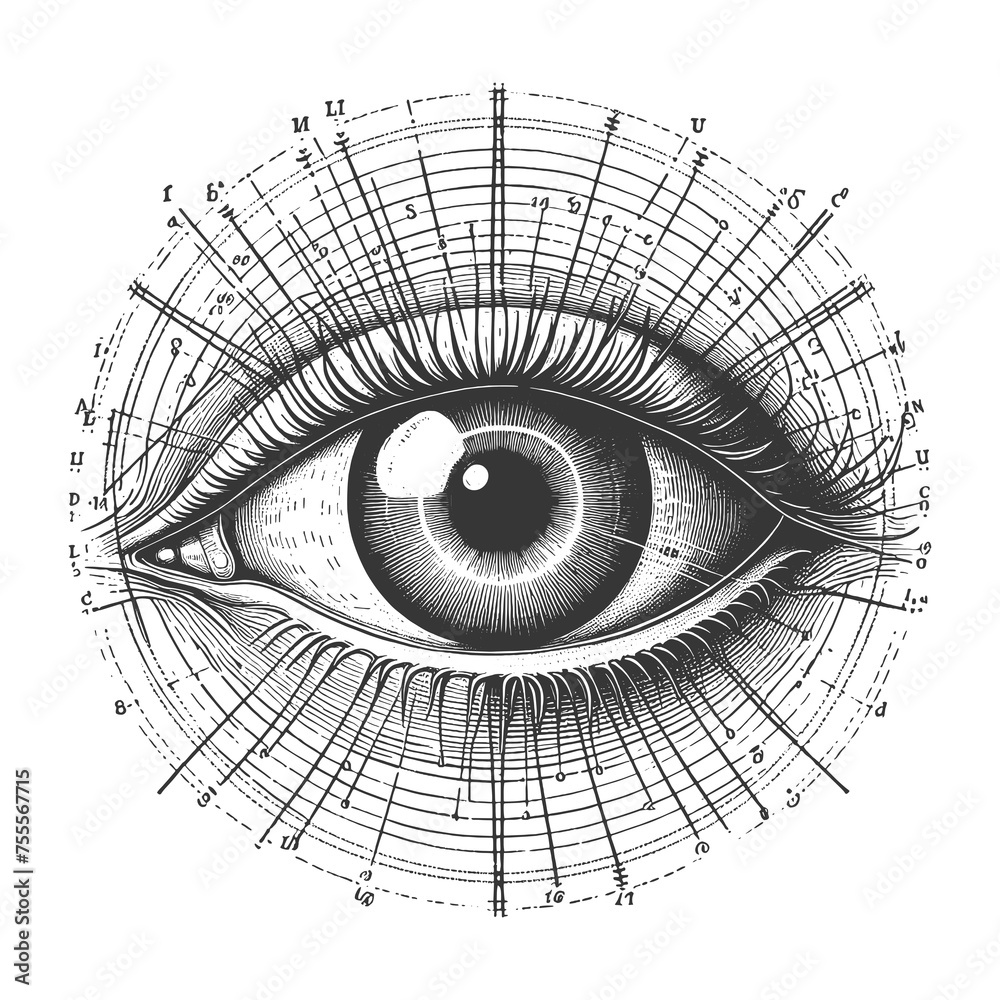 vintage human eye with overlaying diagram lines, illustrating ocular ...