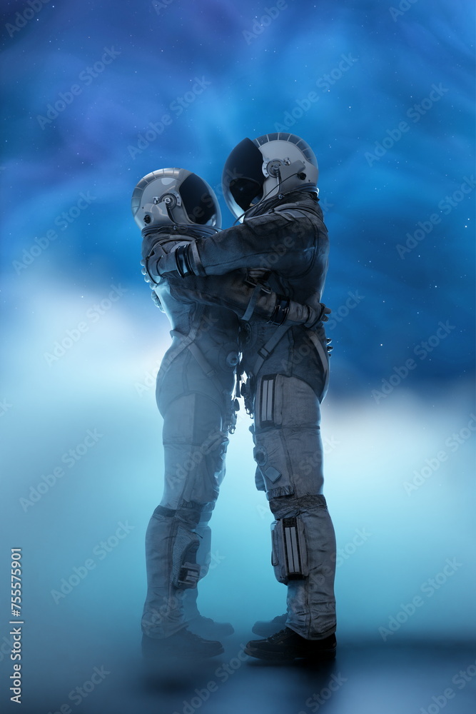 Two of astronauts couple in embrace with visor touching, surrounded by ...