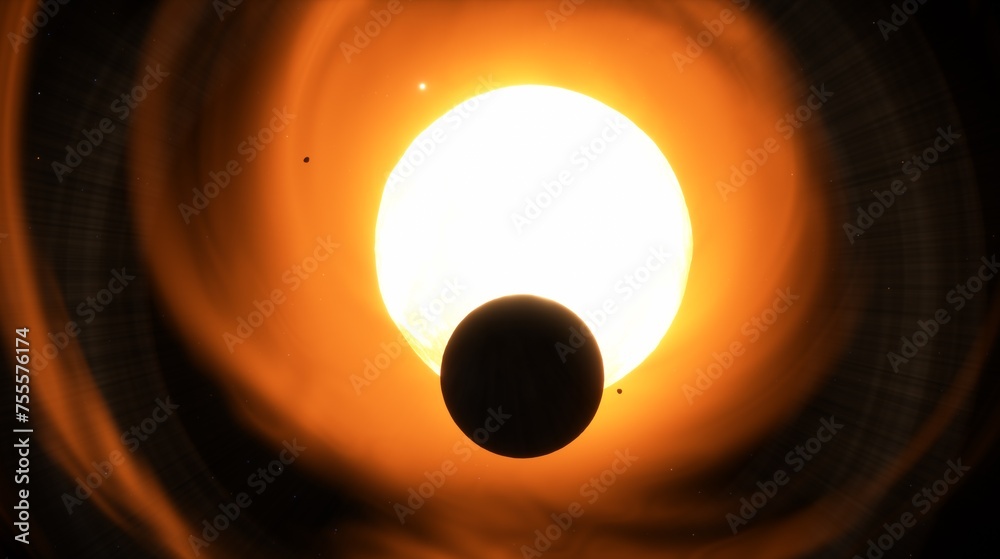 Poster Planetary transit with a glowing star, casting a silhouette of a ...