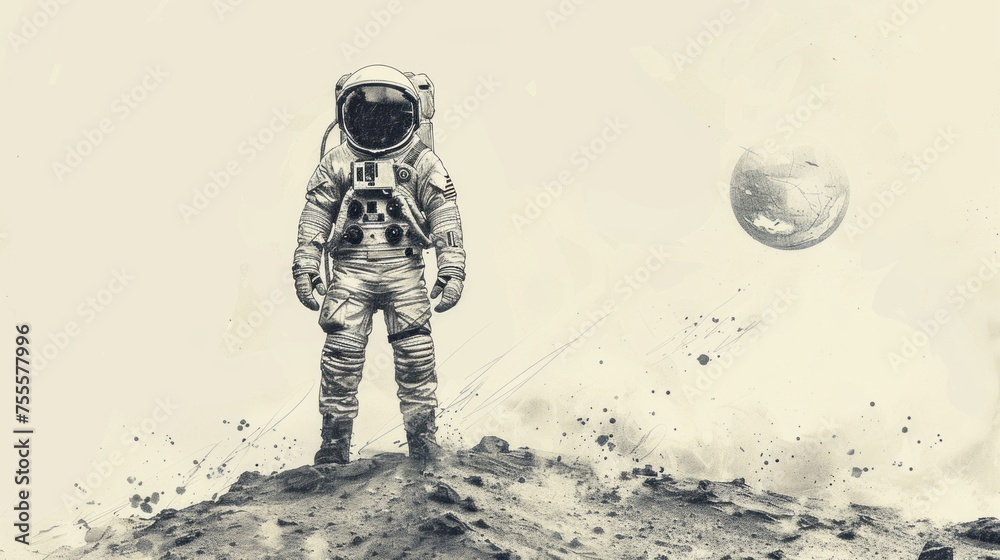 A drawing of an astronaut taking steps on another planet. An explorer ...